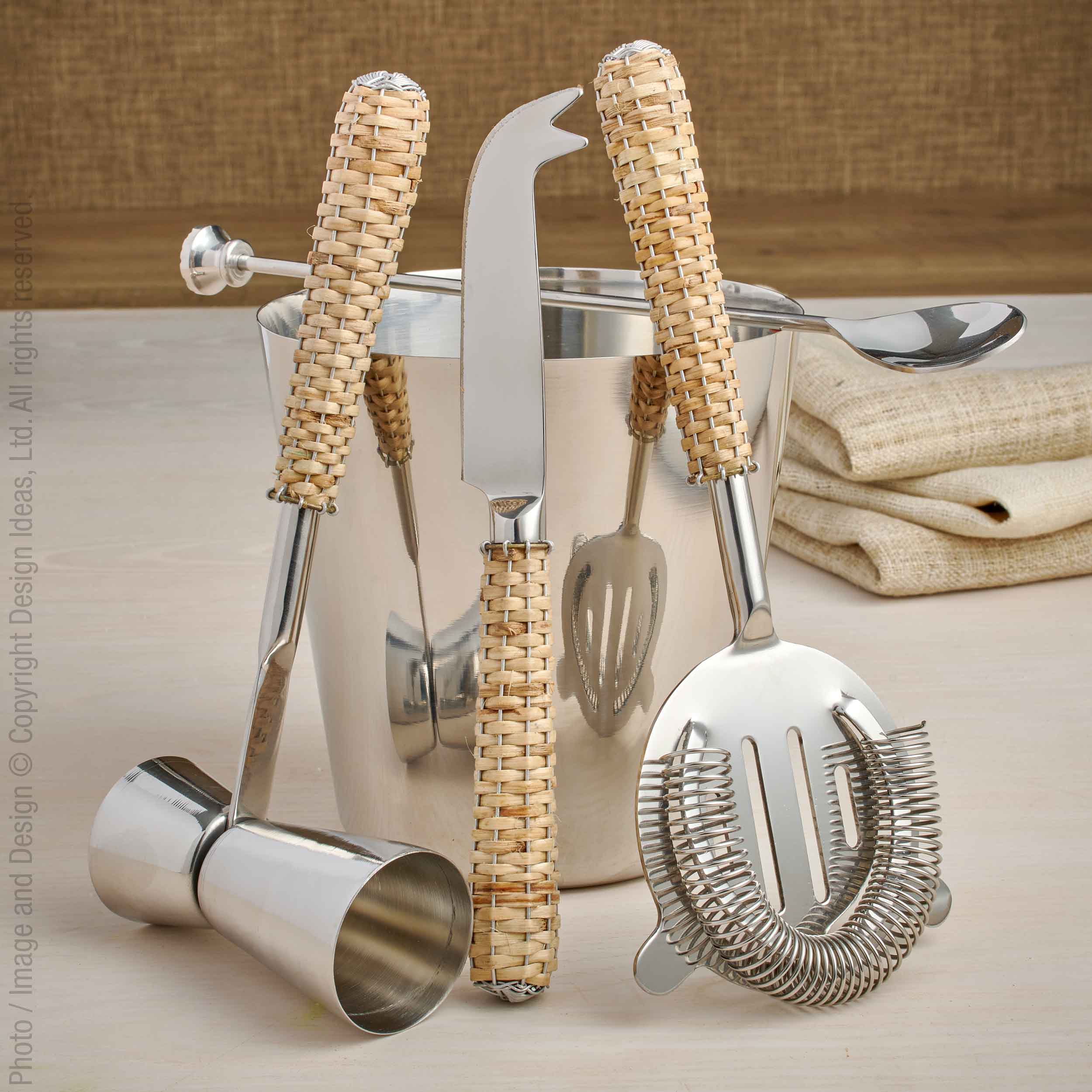 Montauk™ Handcrafted Stainless Steel/Rattan Barware (set of 5 ...