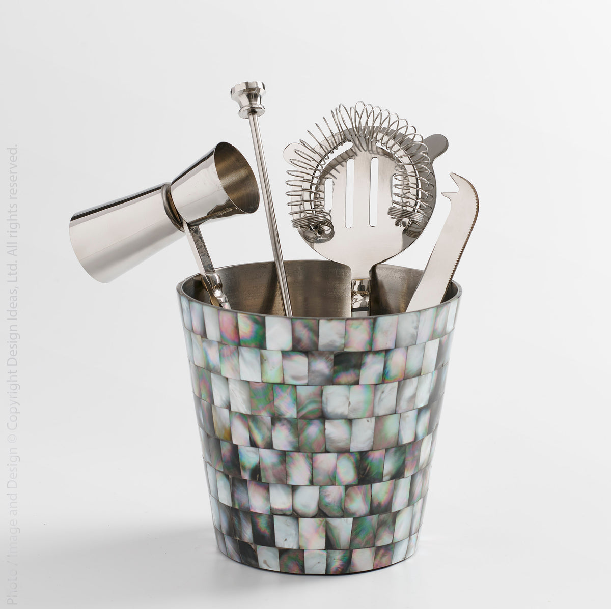 Abalon™ Handmade Stainless Steel, Brass and Mother of Pearl Barware Set ...